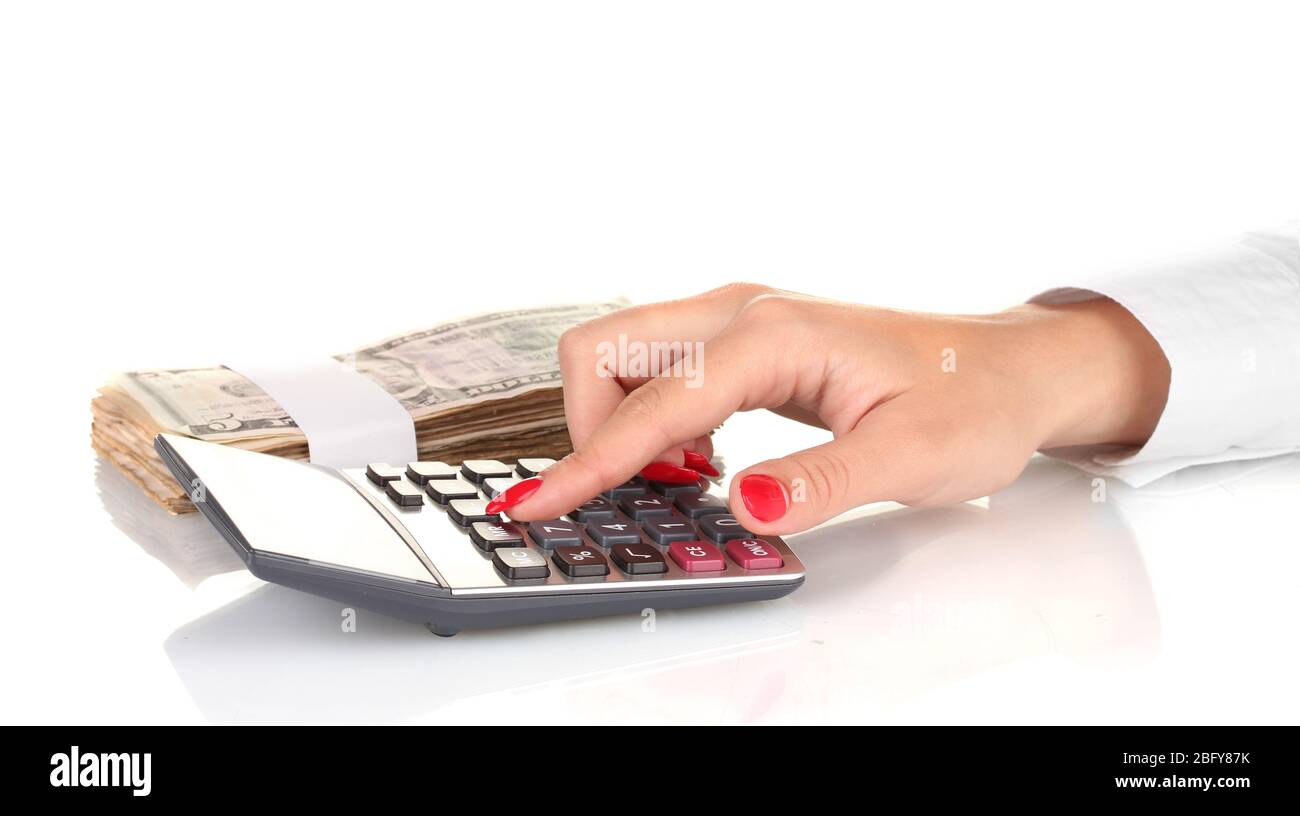 female hands doing calculations on calculator isolated on white Stock ...