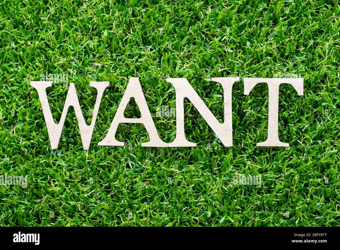 Wood letter in word want on artificial green grass background Stock ...