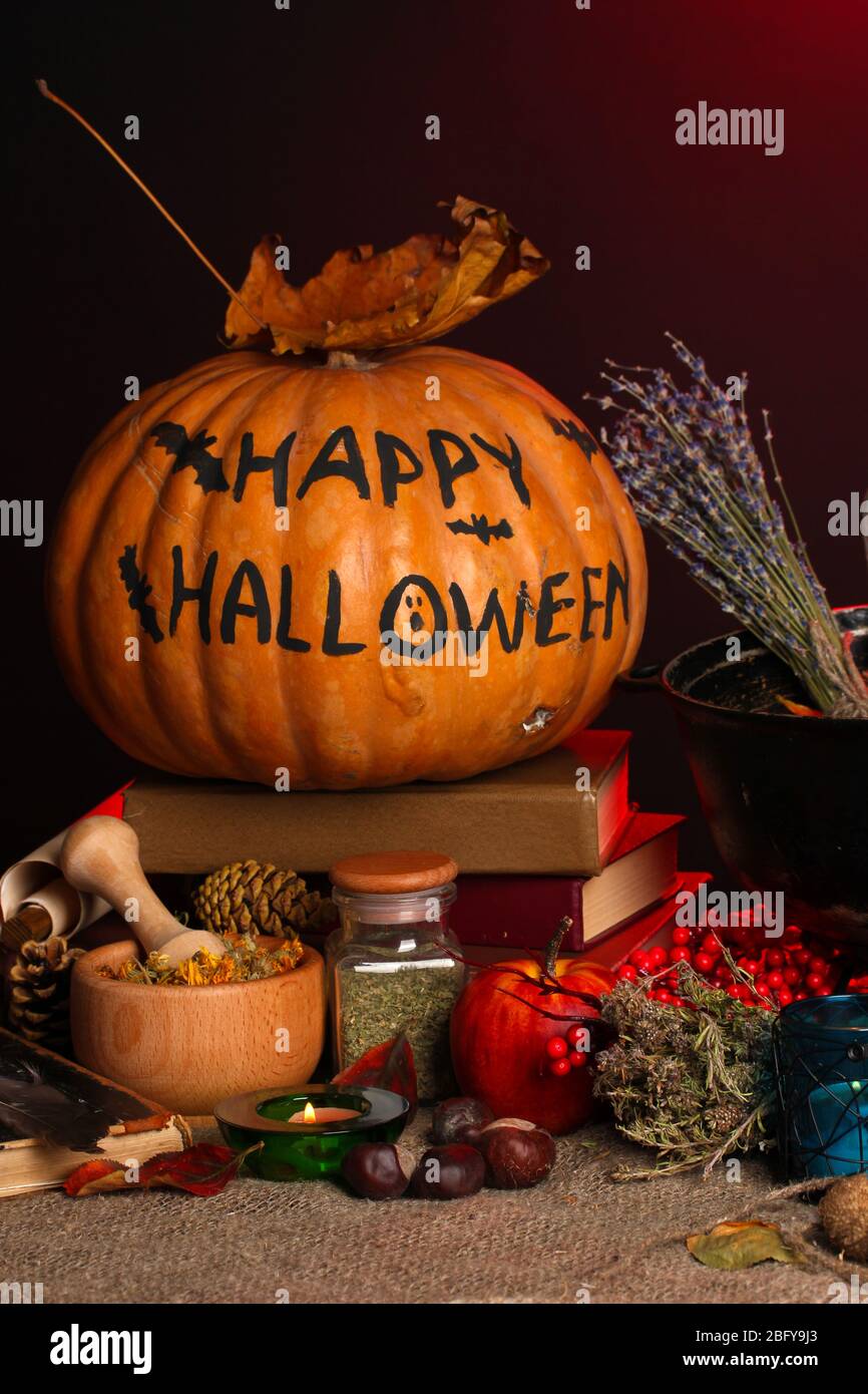 Scary halloween laboratory in red light, close-up Stock Photo - Alamy