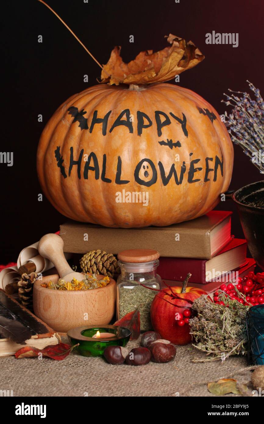 Scary halloween laboratory in red light, close-up Stock Photo - Alamy