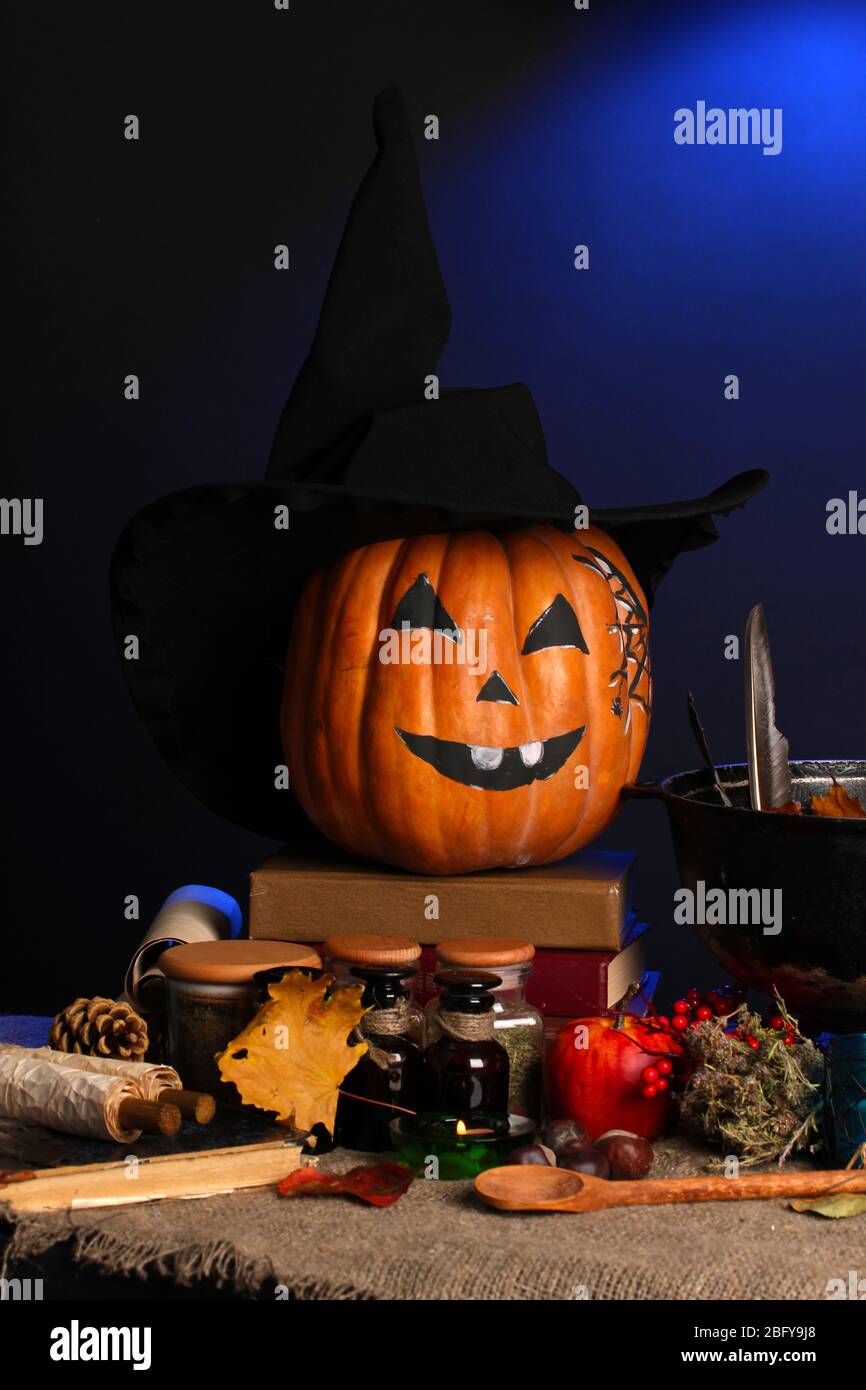 Detail photo of Scary halloween laboratory in blue light Stock Photo ...