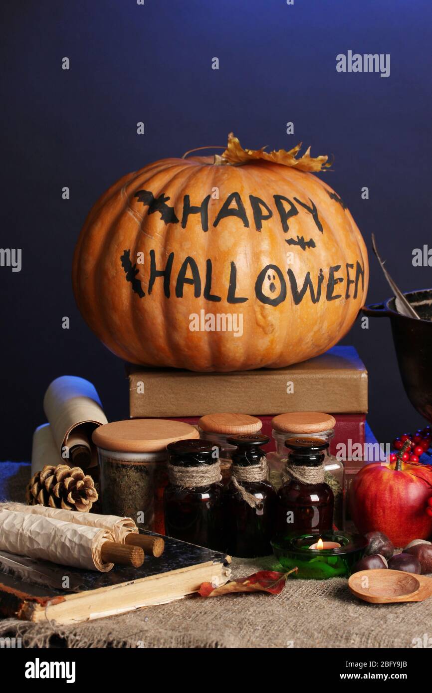 Scary halloween laboratory in blue light Stock Photo - Alamy