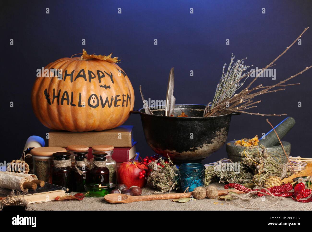 Scary halloween laboratory in blue light Stock Photo - Alamy