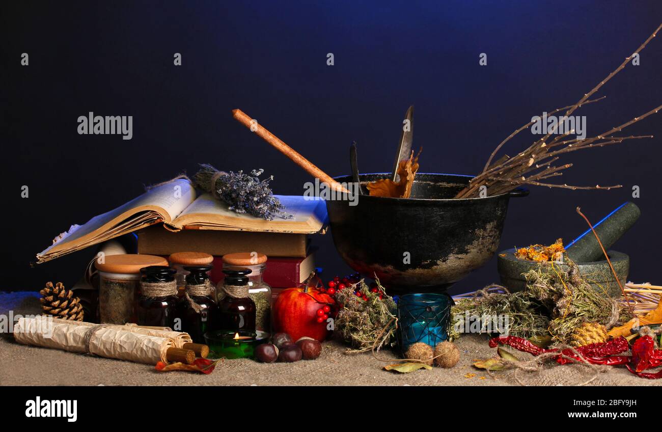 Scary halloween laboratory in blue light Stock Photo - Alamy