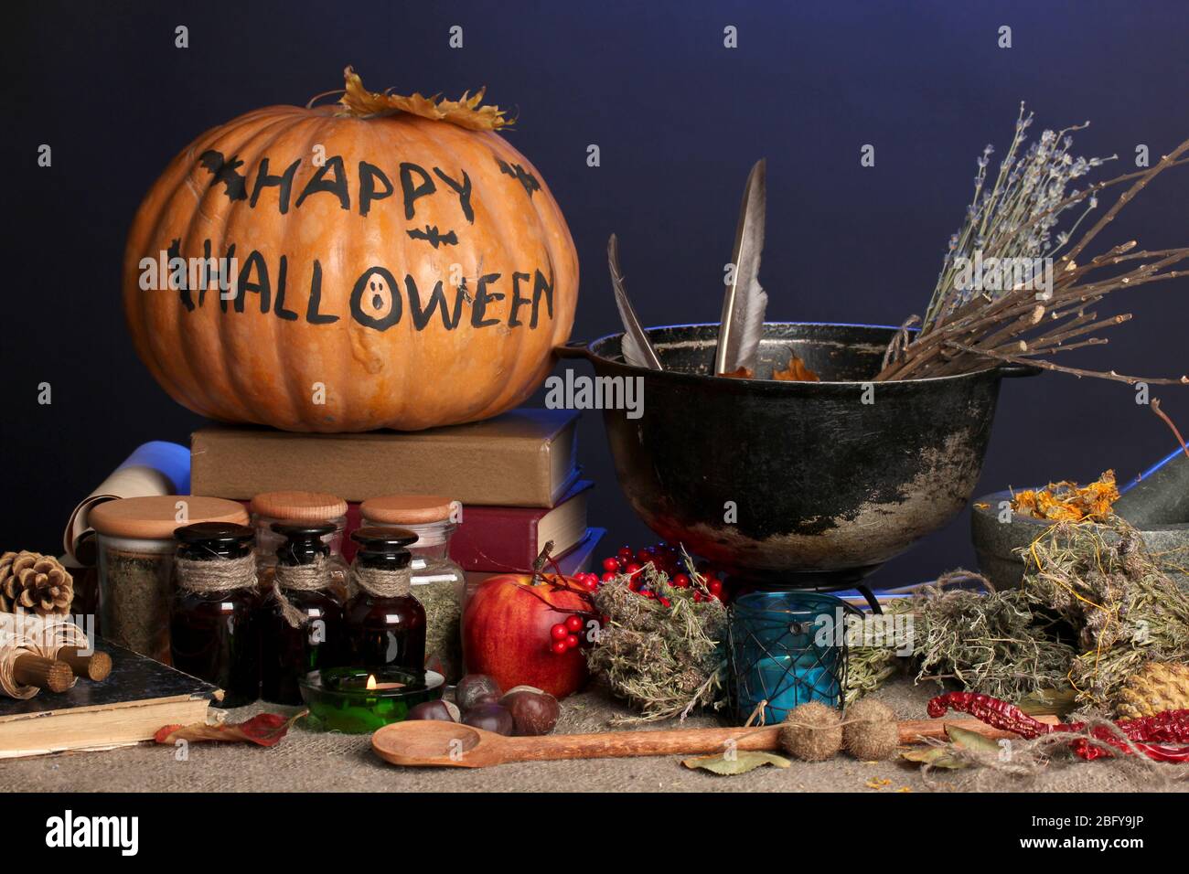 Scary halloween laboratory in blue light Stock Photo - Alamy