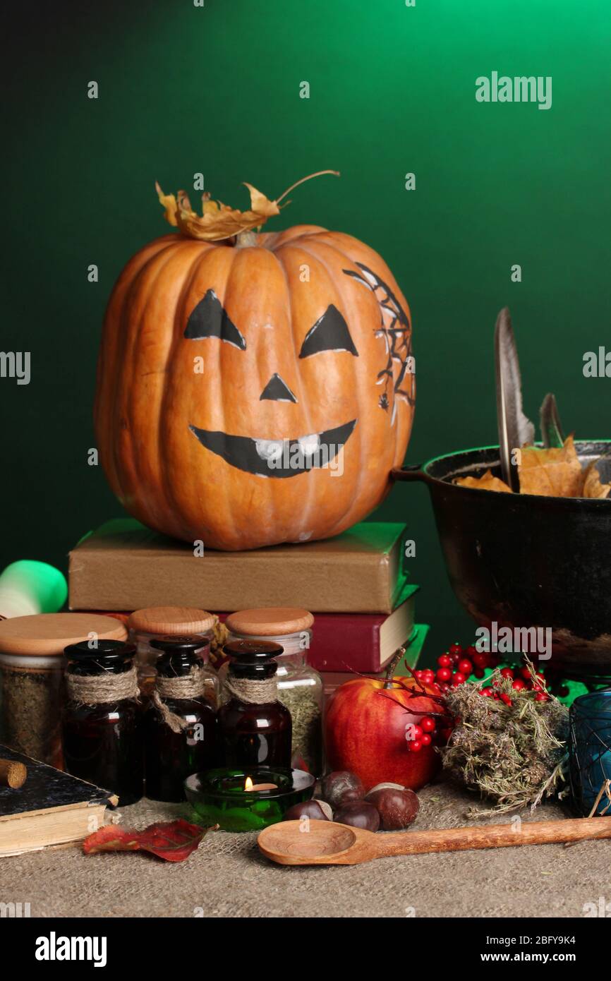 Detail photo of Scary halloween laboratory in green light Stock Photo ...