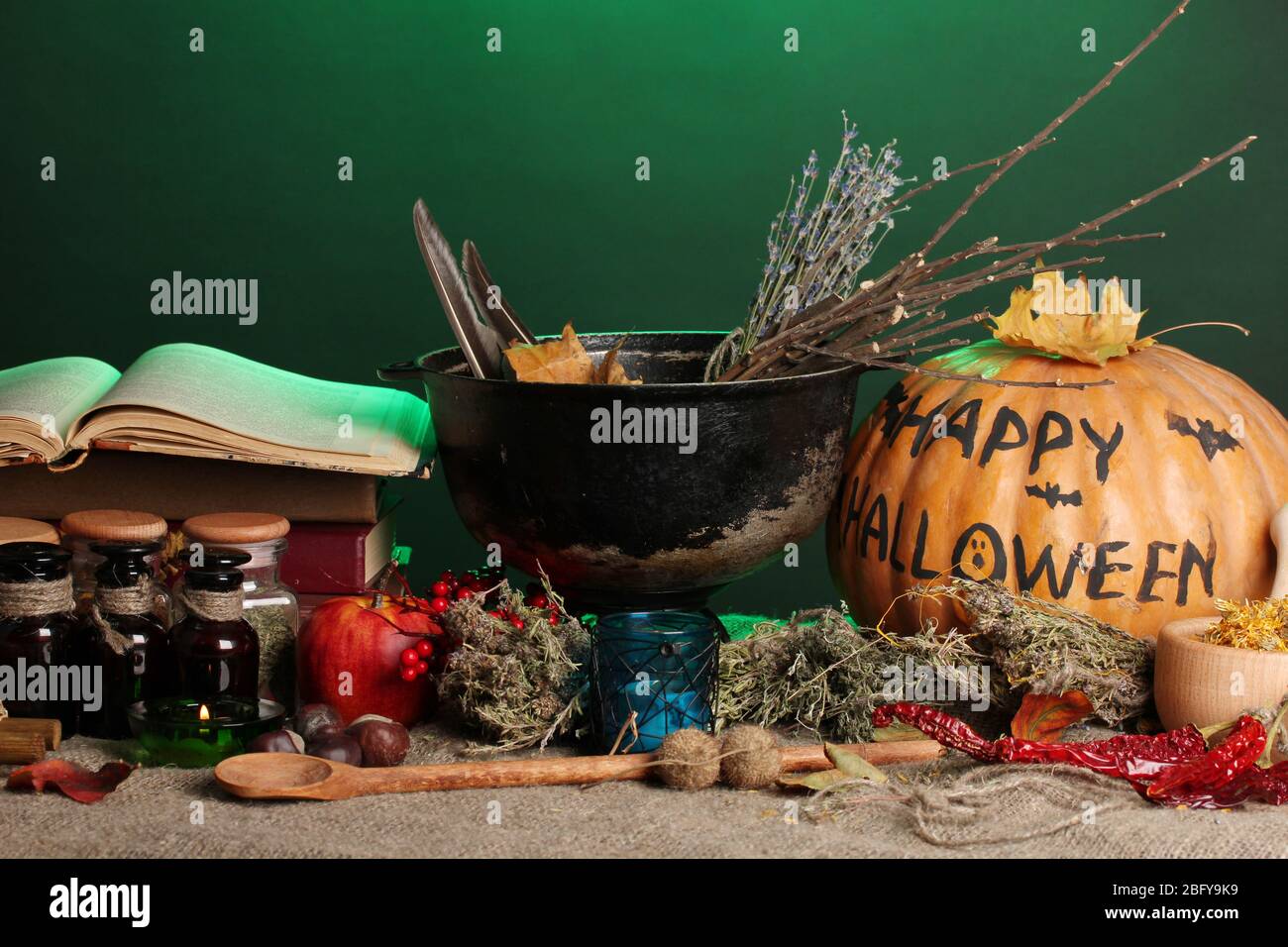 Scary halloween laboratory in green light Stock Photo - Alamy