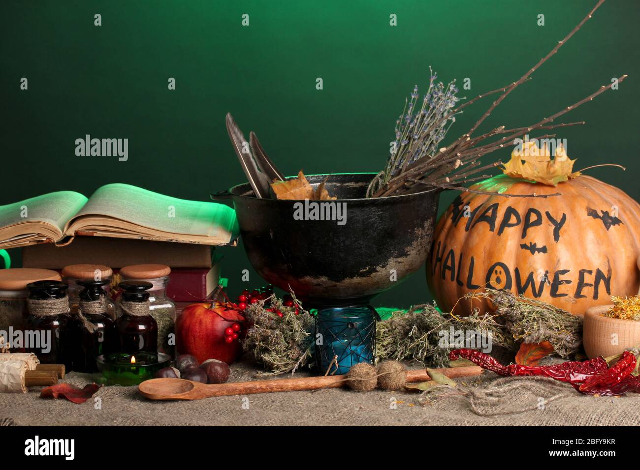 Scary halloween laboratory in green light Stock Photo - Alamy