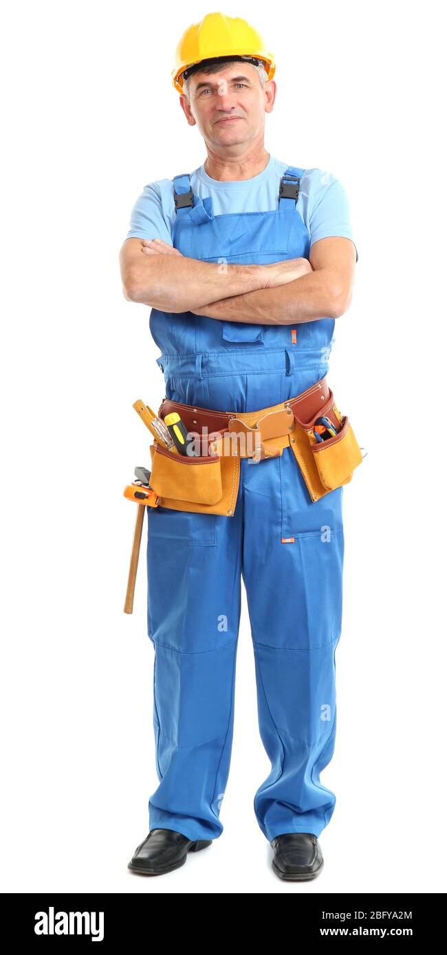 Male builder in yellow helmet isolated on white Stock Photo - Alamy