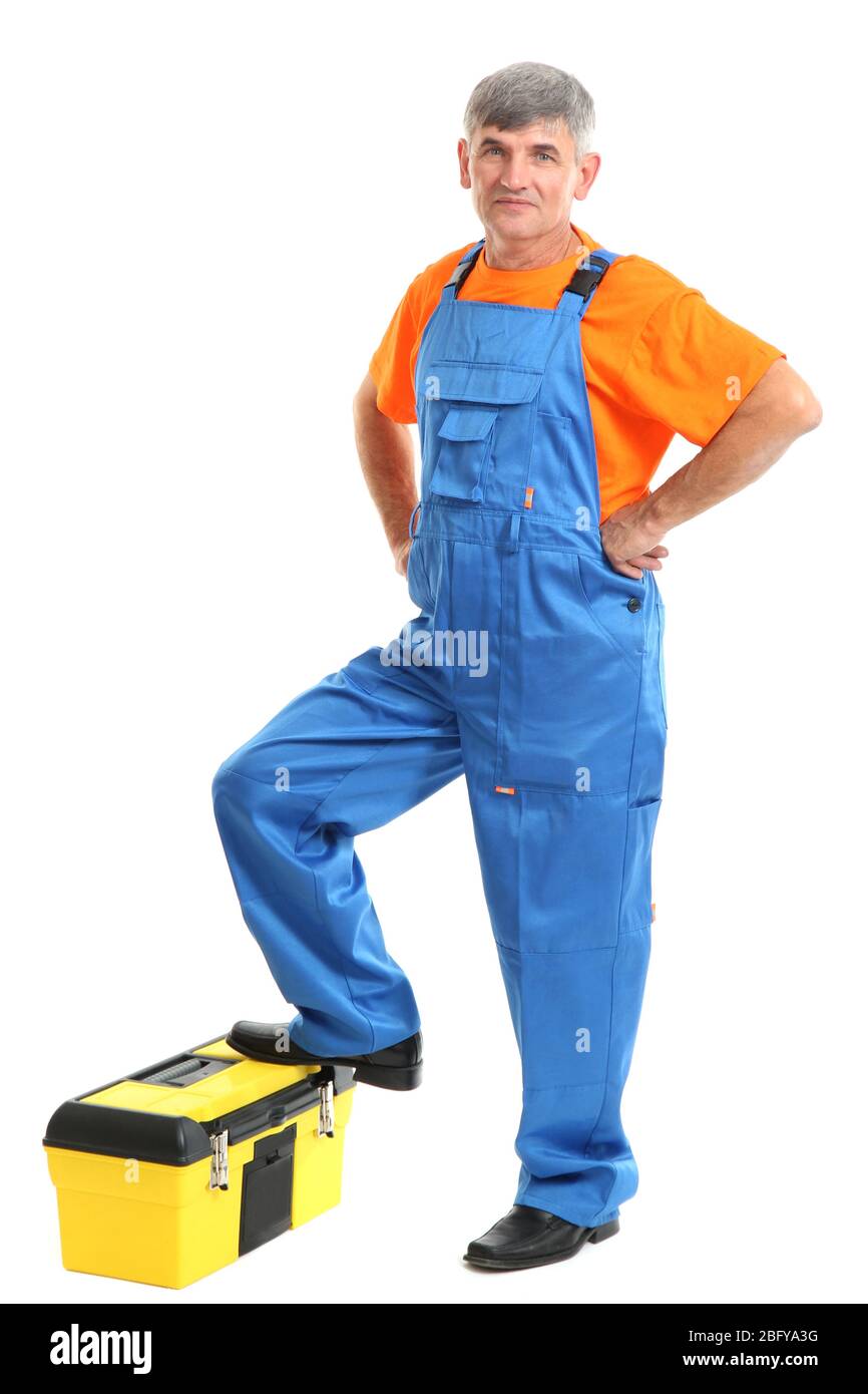Male builder isolated on white Stock Photo - Alamy
