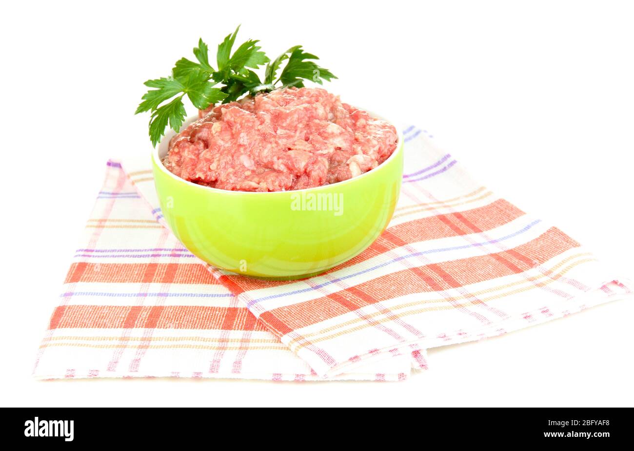 Bowl of raw ground meat isolated on white Stock Photo - Alamy