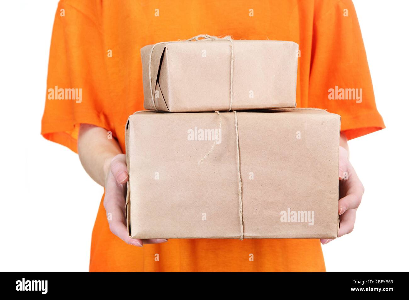 courier with parcels boxes, isolated on white Stock Photo - Alamy