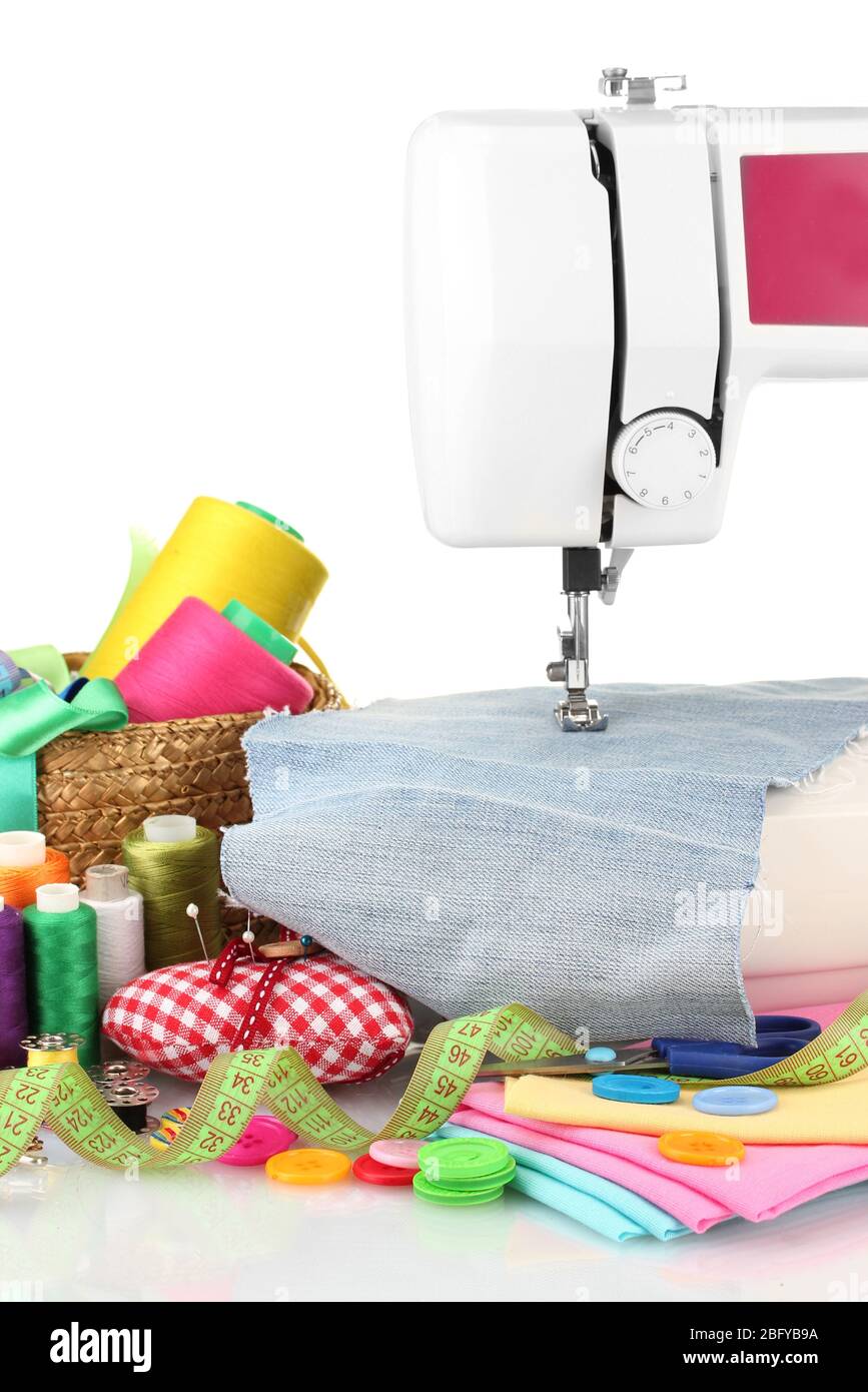 sewing machine and fabric isolated on white Stock Photo - Alamy