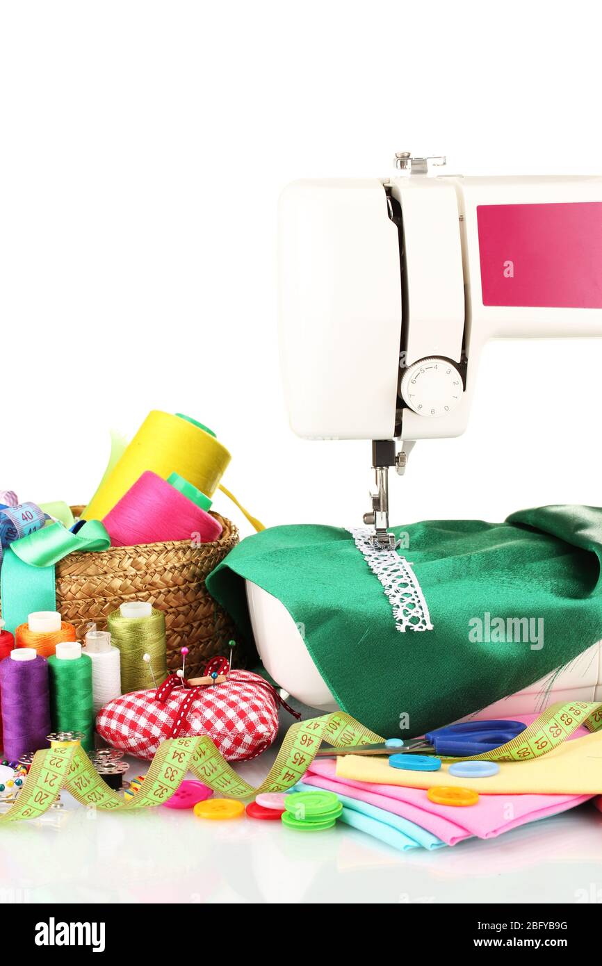 sewing machine and fabric isolated on white Stock Photo - Alamy