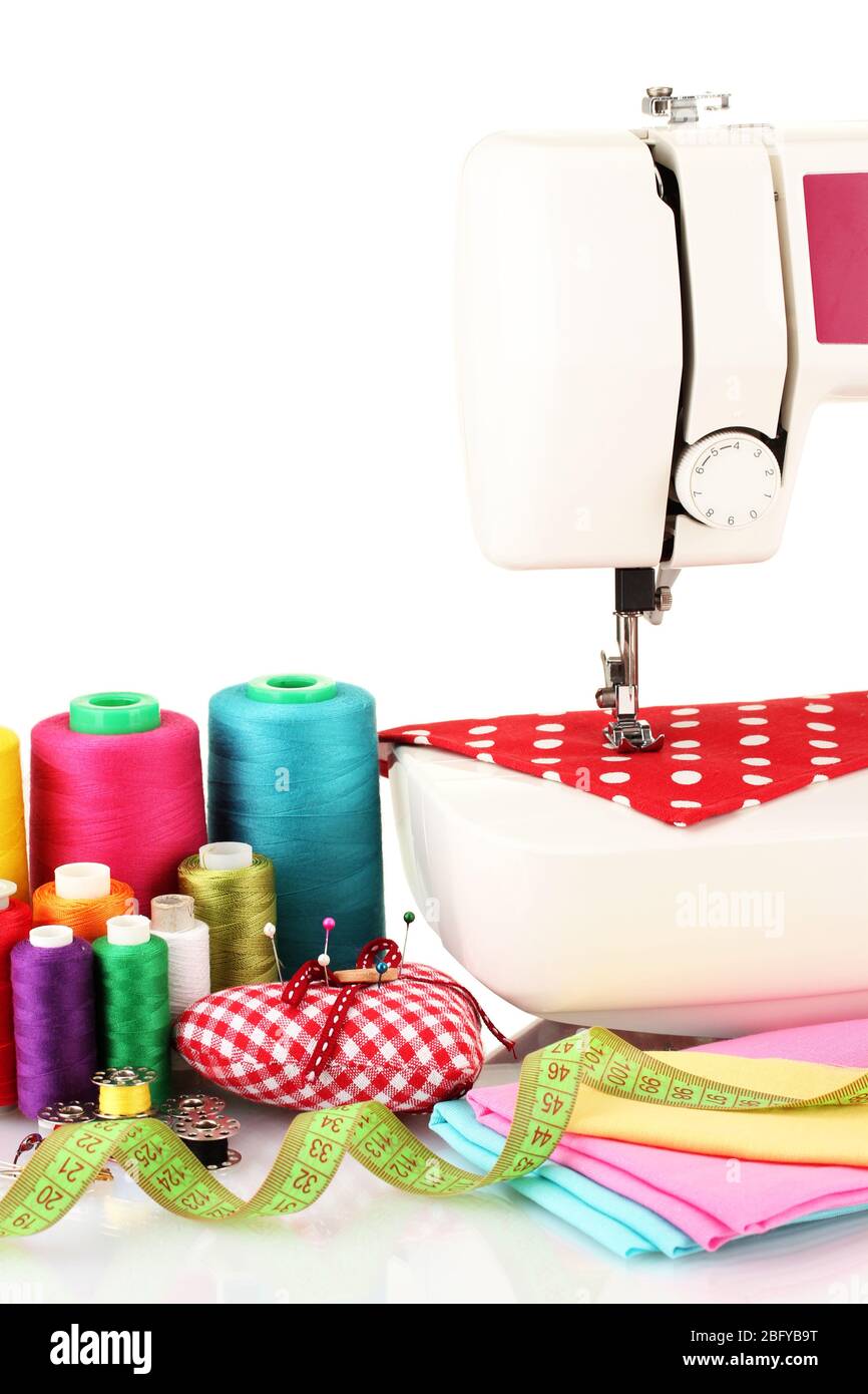 sewing machine and fabric isolated on white Stock Photo - Alamy