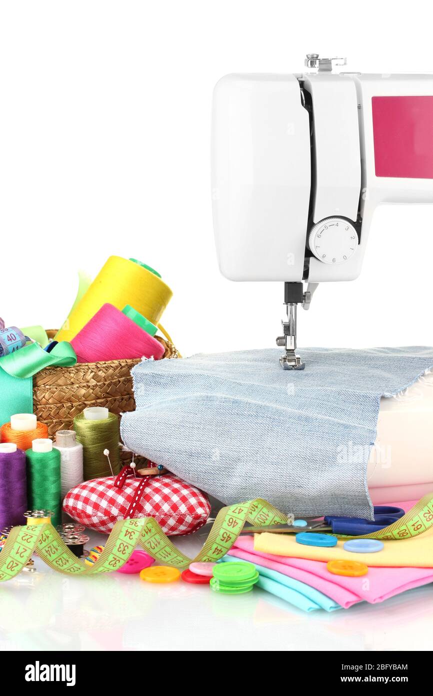 sewing machine and fabric isolated on white Stock Photo - Alamy