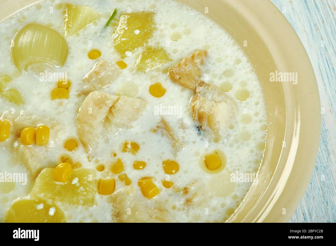 Seared cod with chowder sauce - creamy classic American fish soup Stock ...