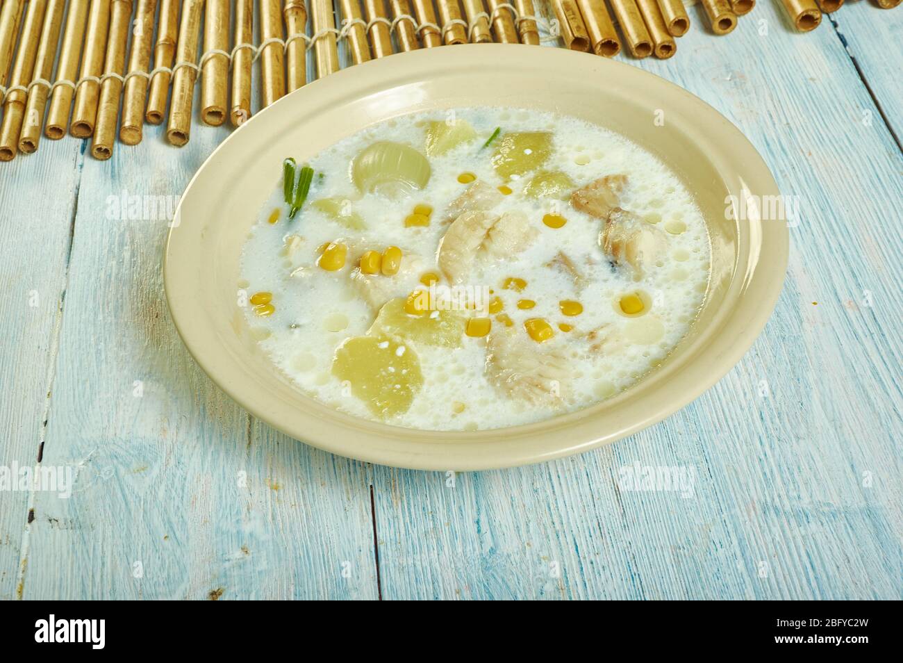 Seared cod with chowder sauce - creamy classic American fish soup Stock ...