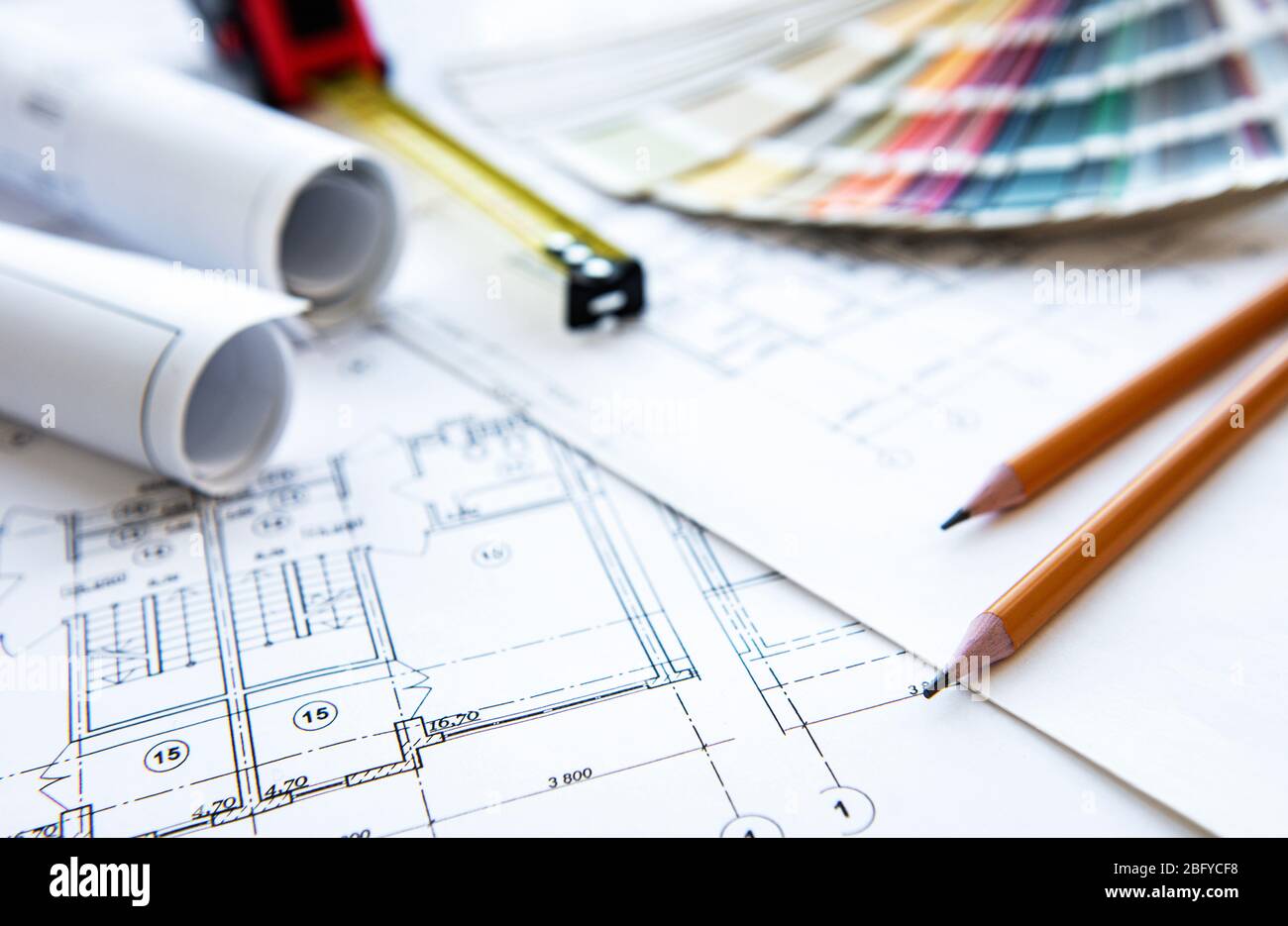 Architect workplace top view. Architectural project, blueprints ...