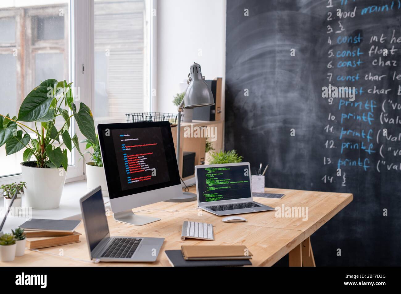 App developers office with programming script on blackboard and ...