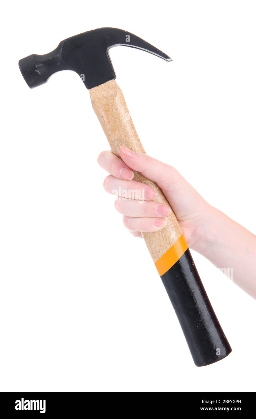 Hammer in woman hand, isolated on white Stock Photo - Alamy