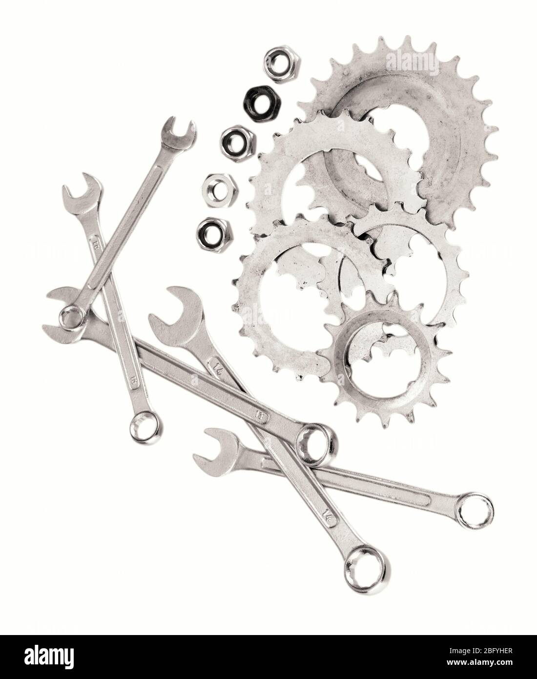 Machine gear, metal cogwheels, nuts and bolts isolated on white Stock ...
