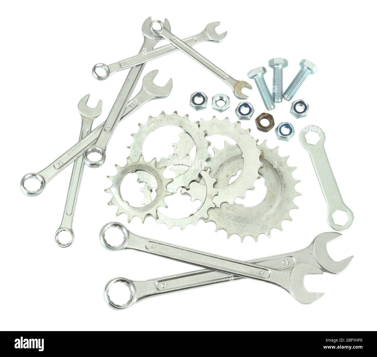 Machine gear, metal cogwheels, nuts and bolts isolated on white Stock ...