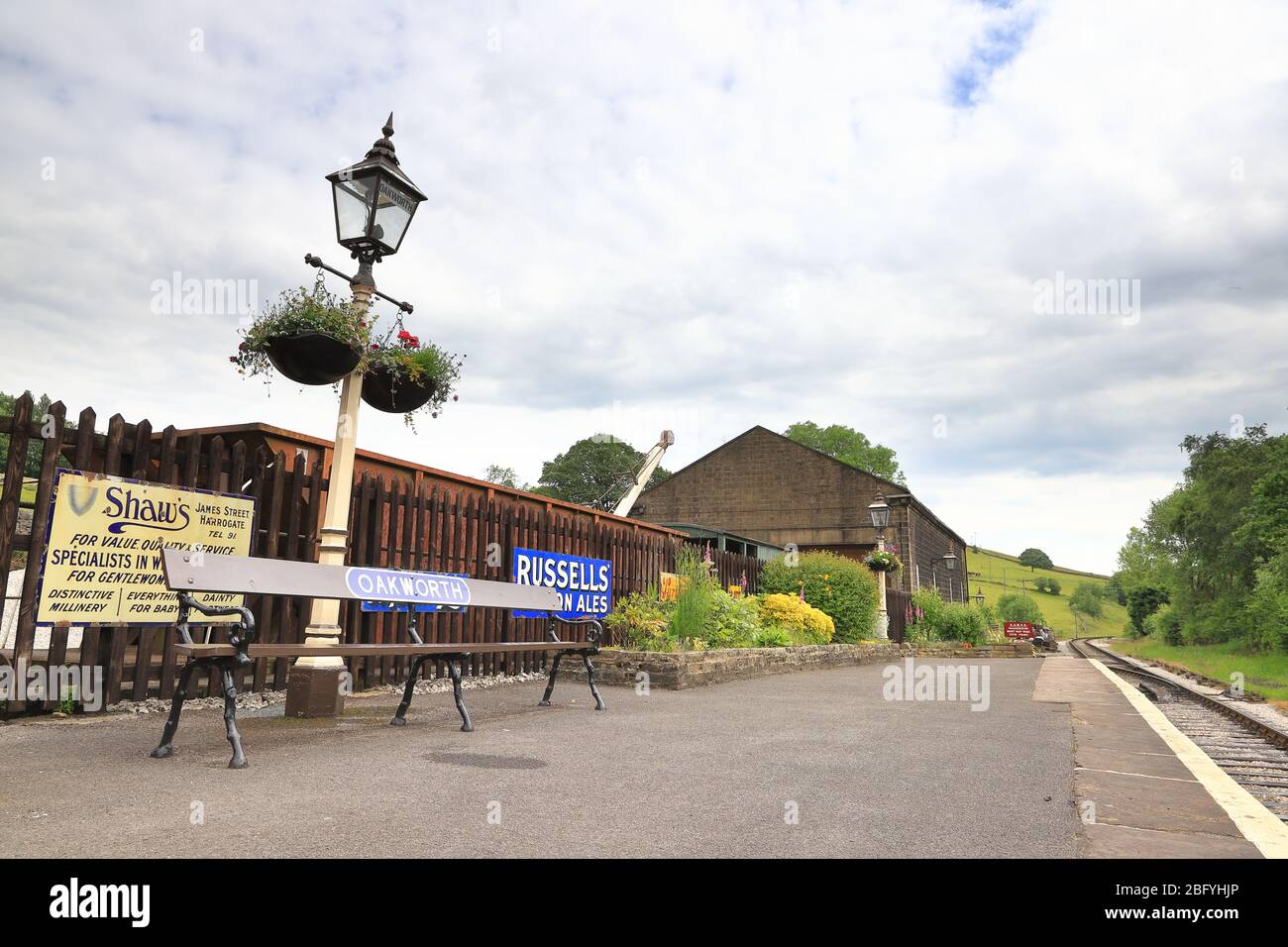 The view along the platform of Oakworth Station on the Keighley and ...