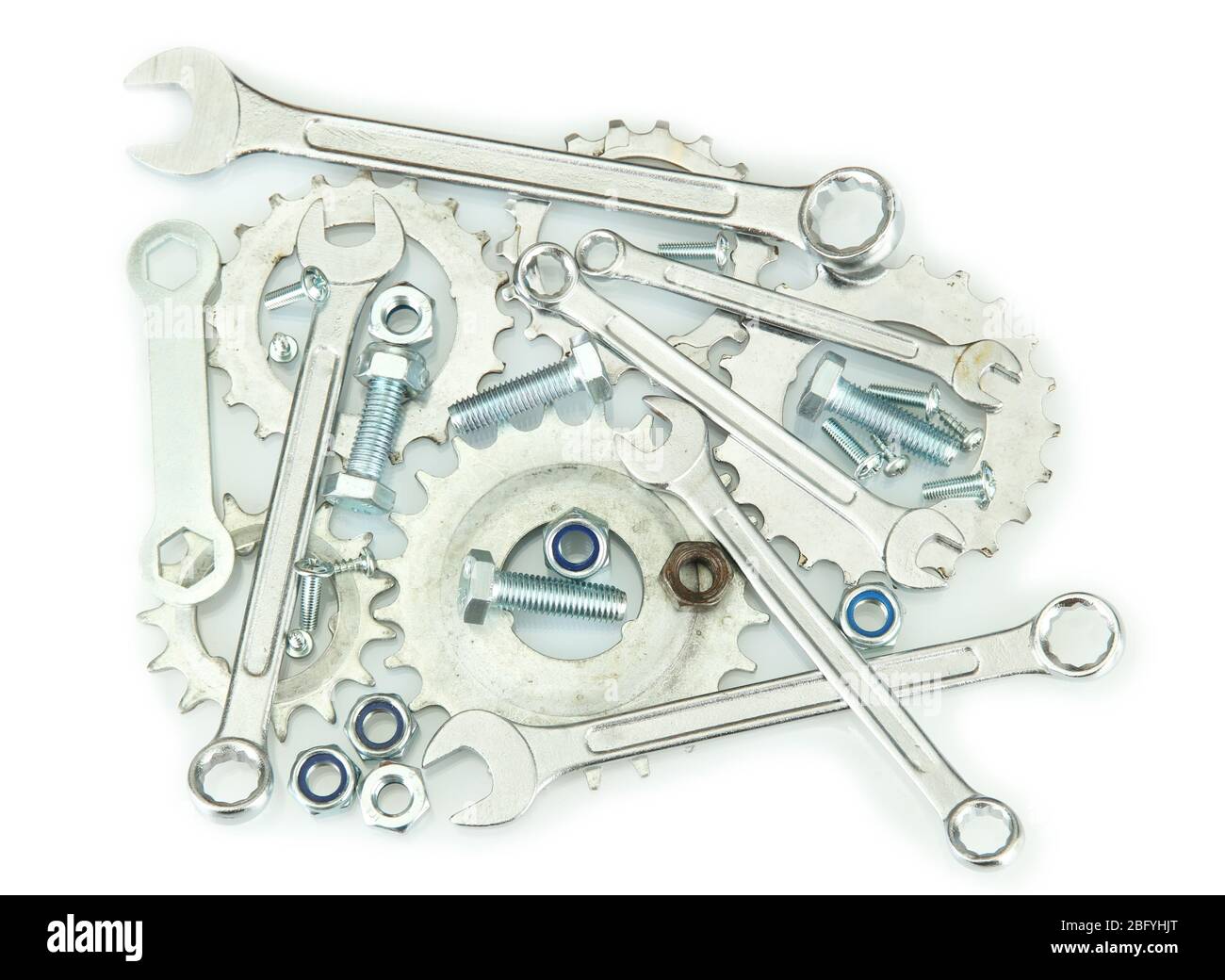 Machine gear, metal cogwheels, nuts and bolts isolated on white Stock ...