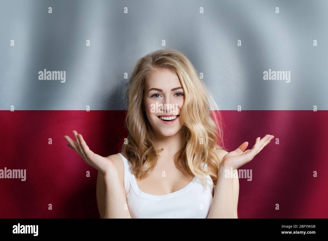 Poland Concept With Happy Surprised Cute Girl With Polish Flag Background Travel And Education 0493
