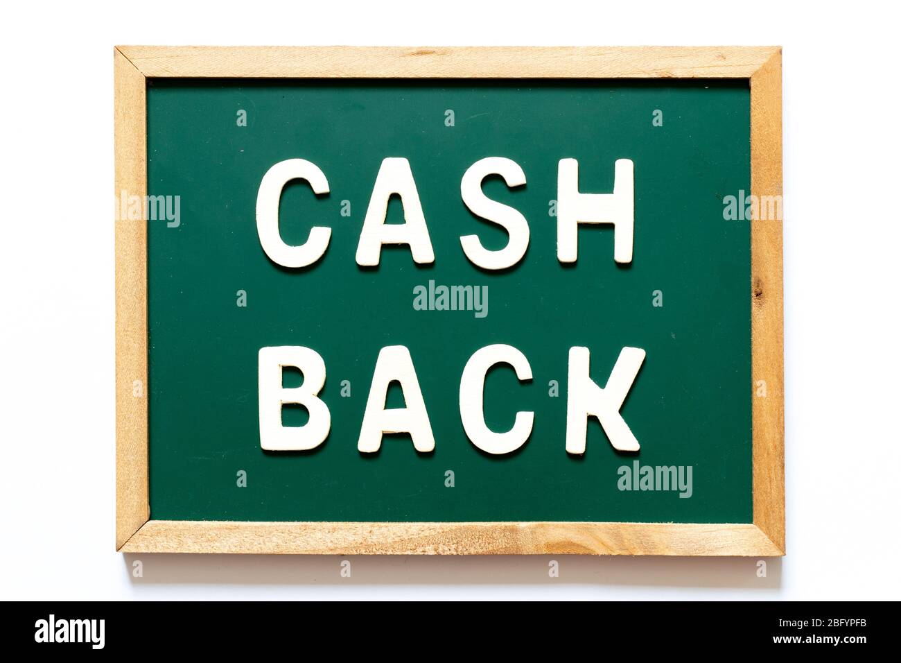 Green blackboard and wood frame with word cash back on white background ...