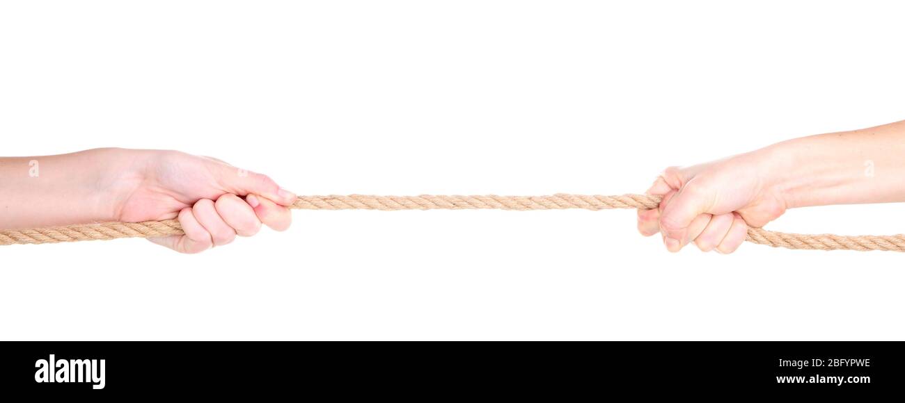 Hands pull rope isolated on white Stock Photo - Alamy