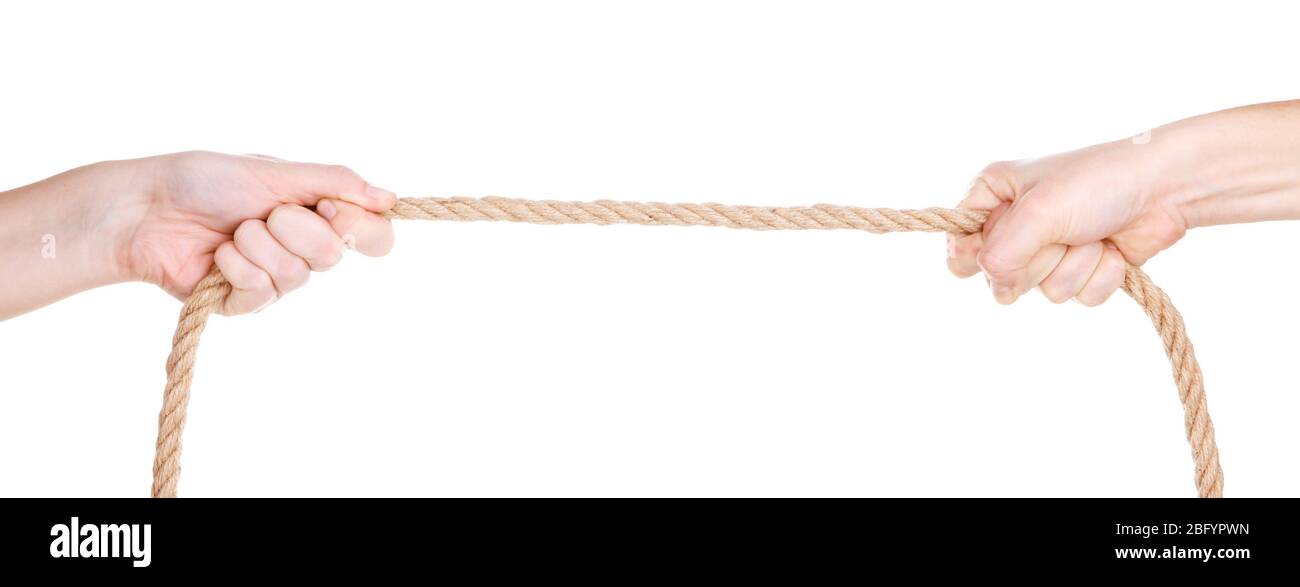 Hands pull rope isolated on white Stock Photo - Alamy