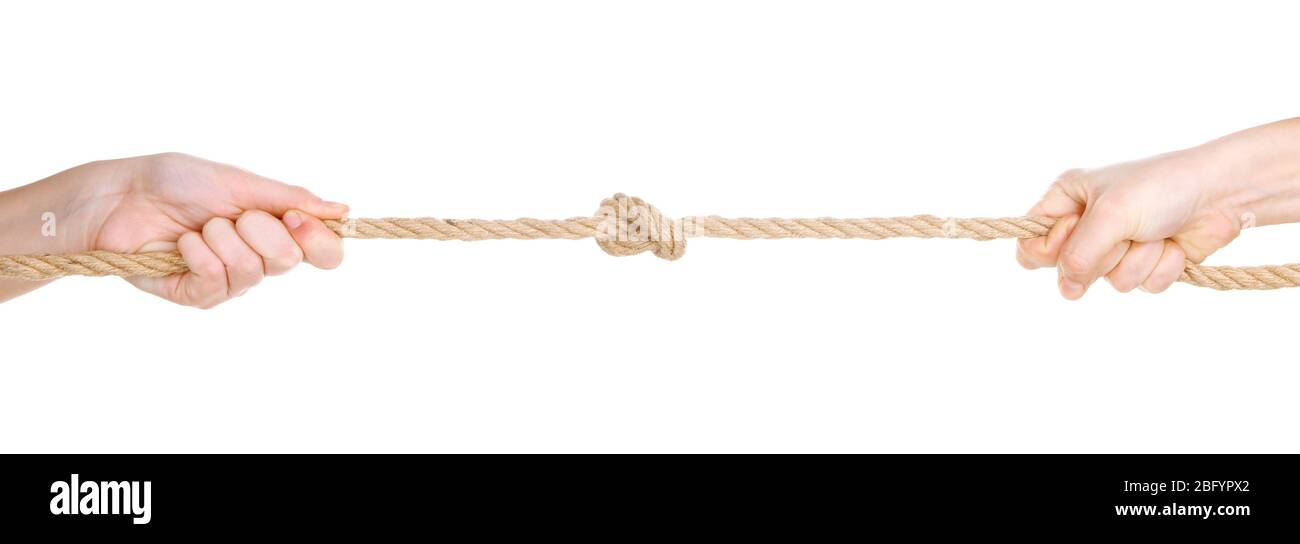 Hands pull rope isolated on white Stock Photo - Alamy