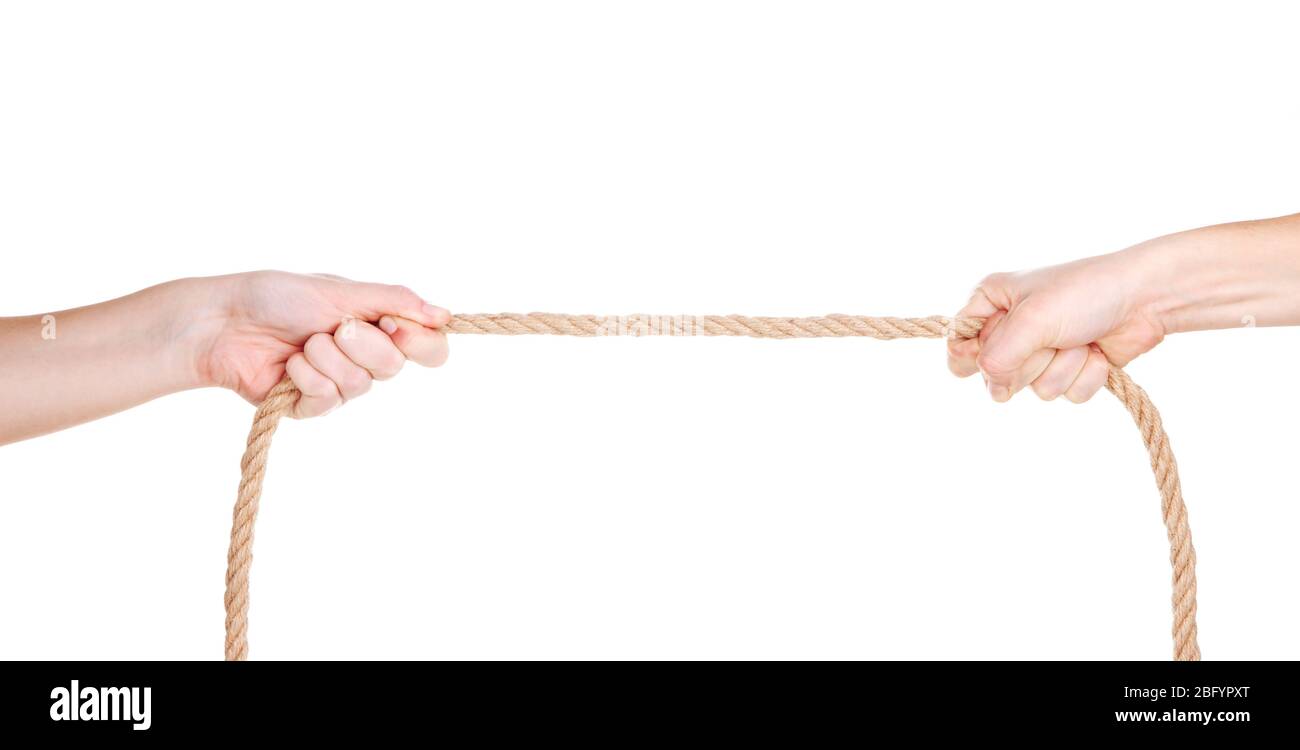Hands pull rope isolated on white Stock Photo - Alamy