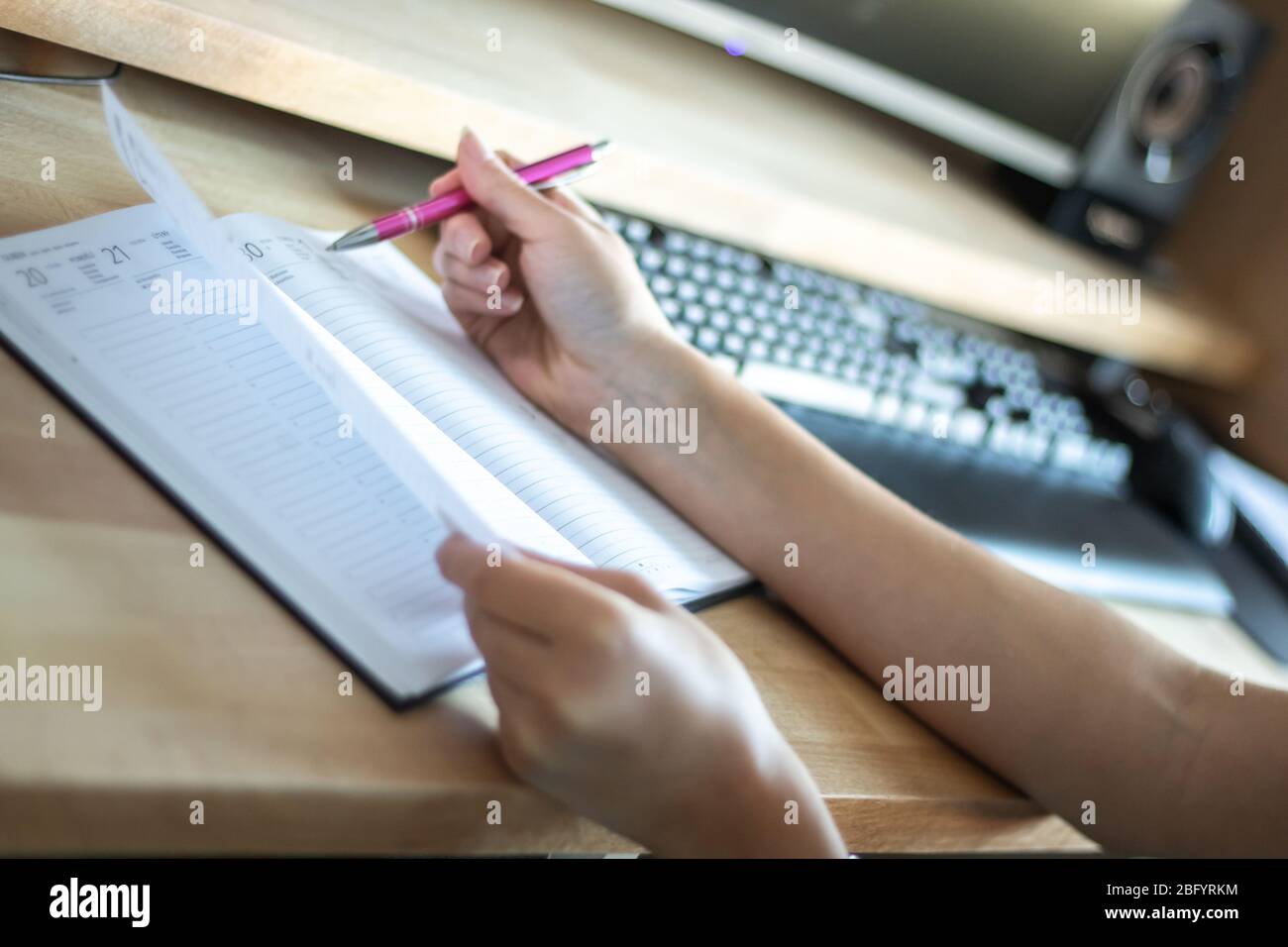 Female hands using computer. Female office desk workspace homeoffice ...