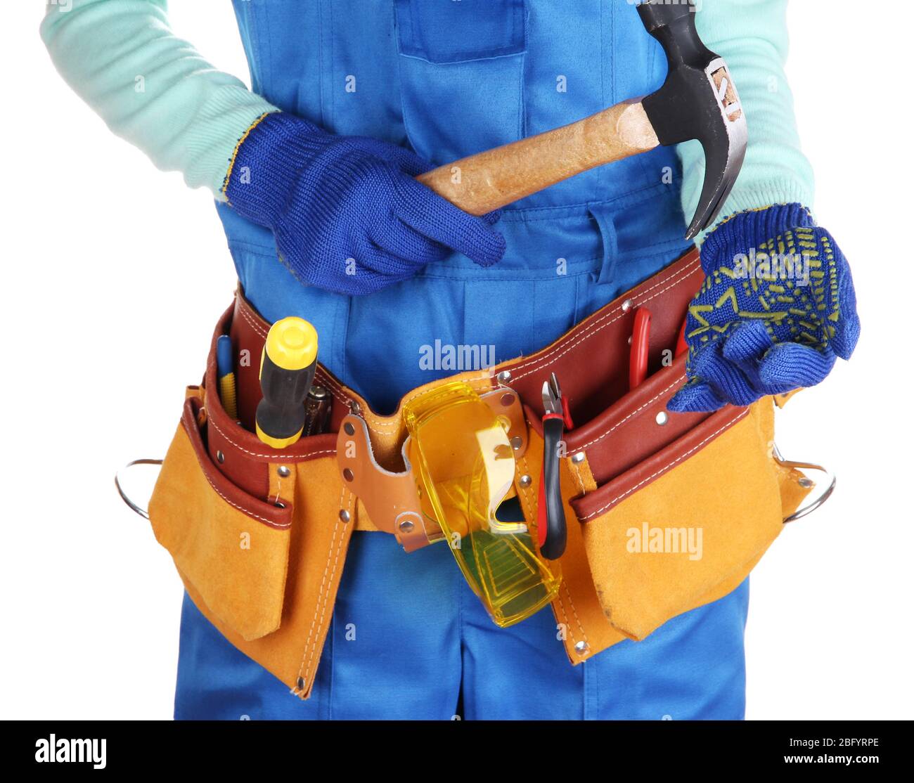 Male builder in blue overalls with gavel isolated on white Stock Photo ...