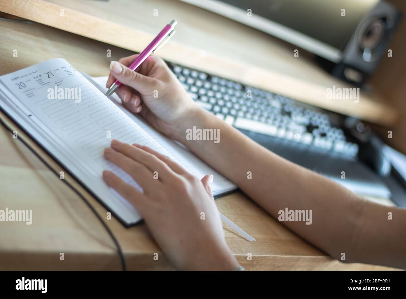 Female hands using computer. Female office desk workspace homeoffice ...
