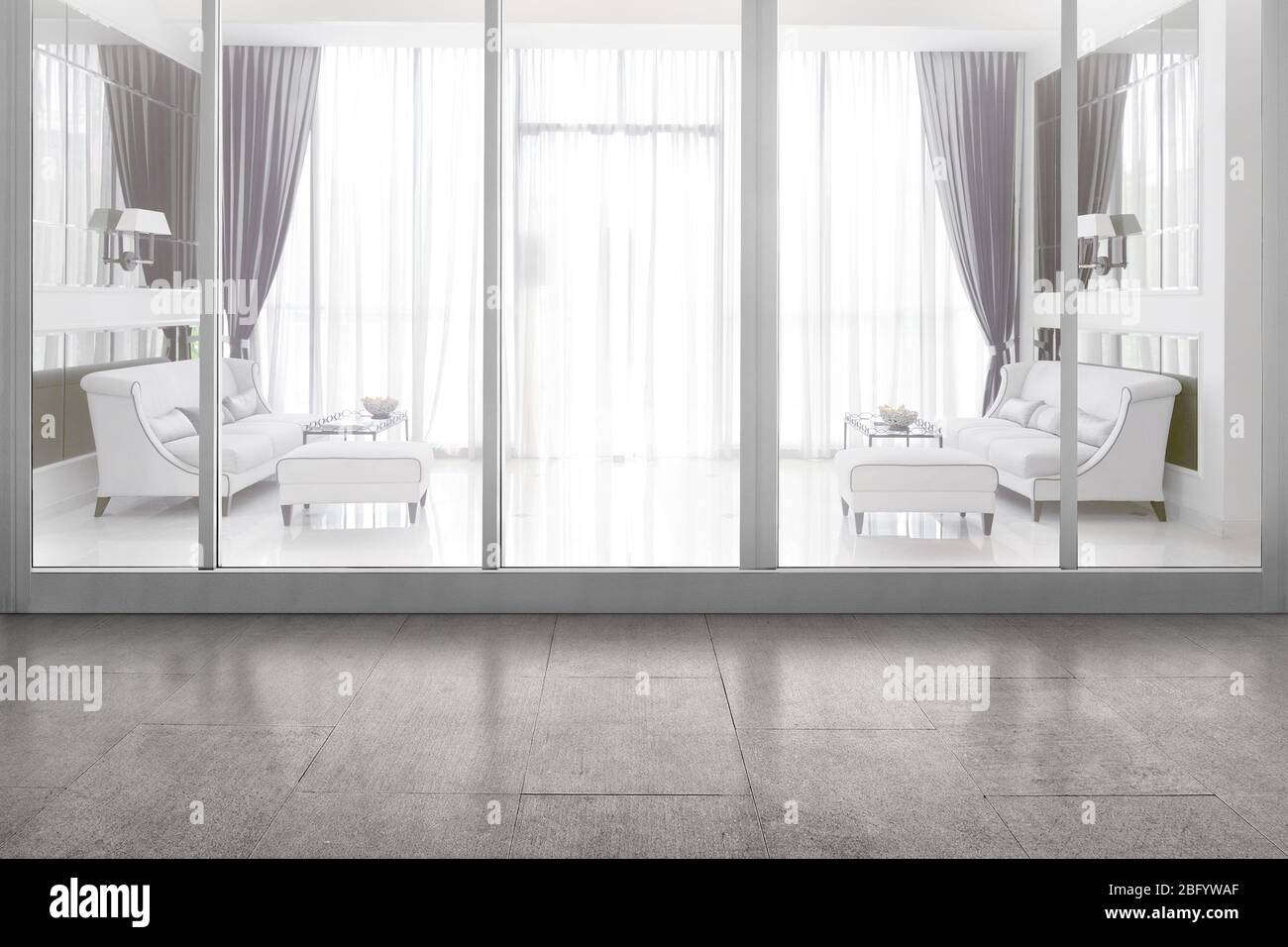 Luxury couch with window and door of glass at home Stock Photo - Alamy