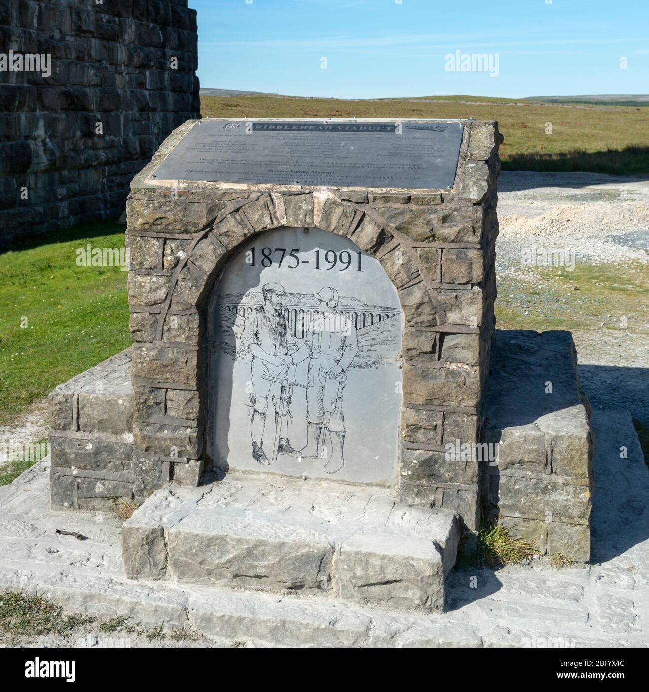 Plaque marking the restoration of ribblehead viaduct on the settle hi ...