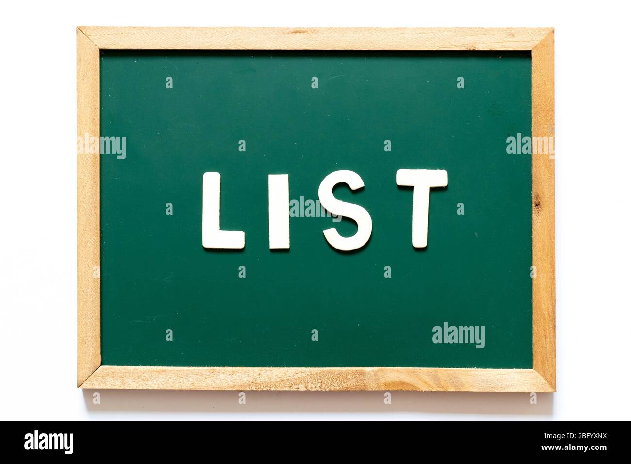Green blackboard and wood frame with word list on white background ...