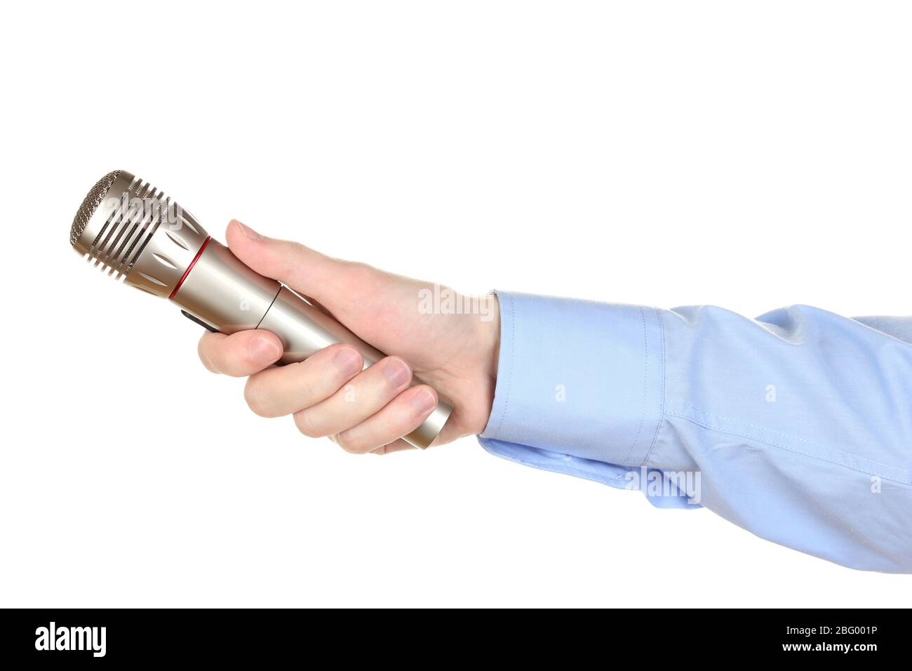 Male hand with microphone isolated on white Stock Photo - Alamy