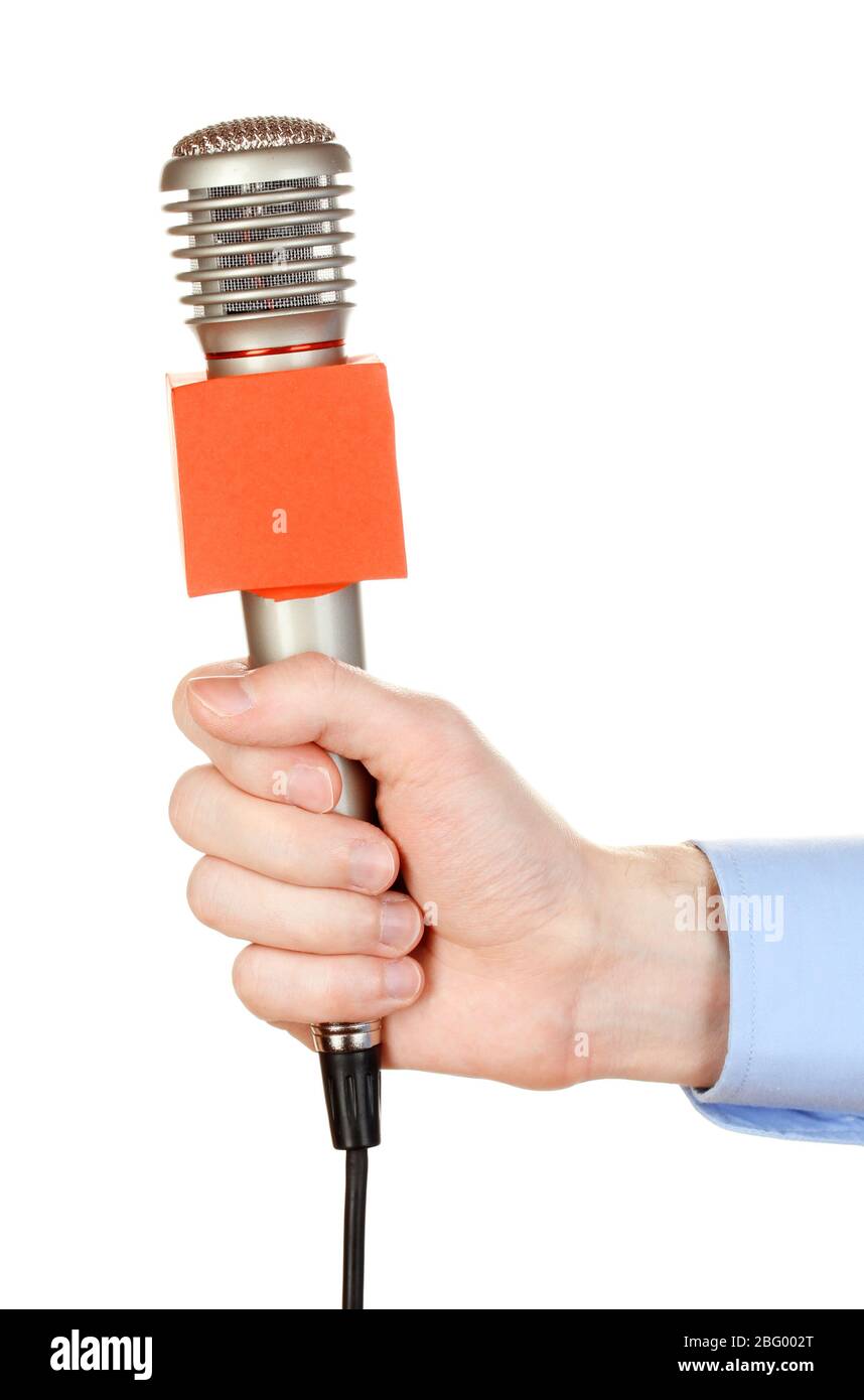 Male hand with microphone isolated on white Stock Photo - Alamy