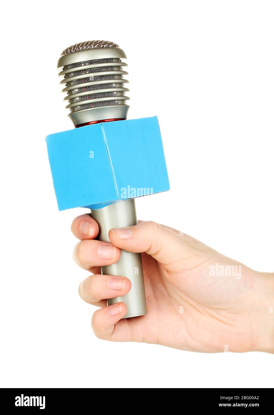 Female hand with microphone isolated on white Stock Photo - Alamy