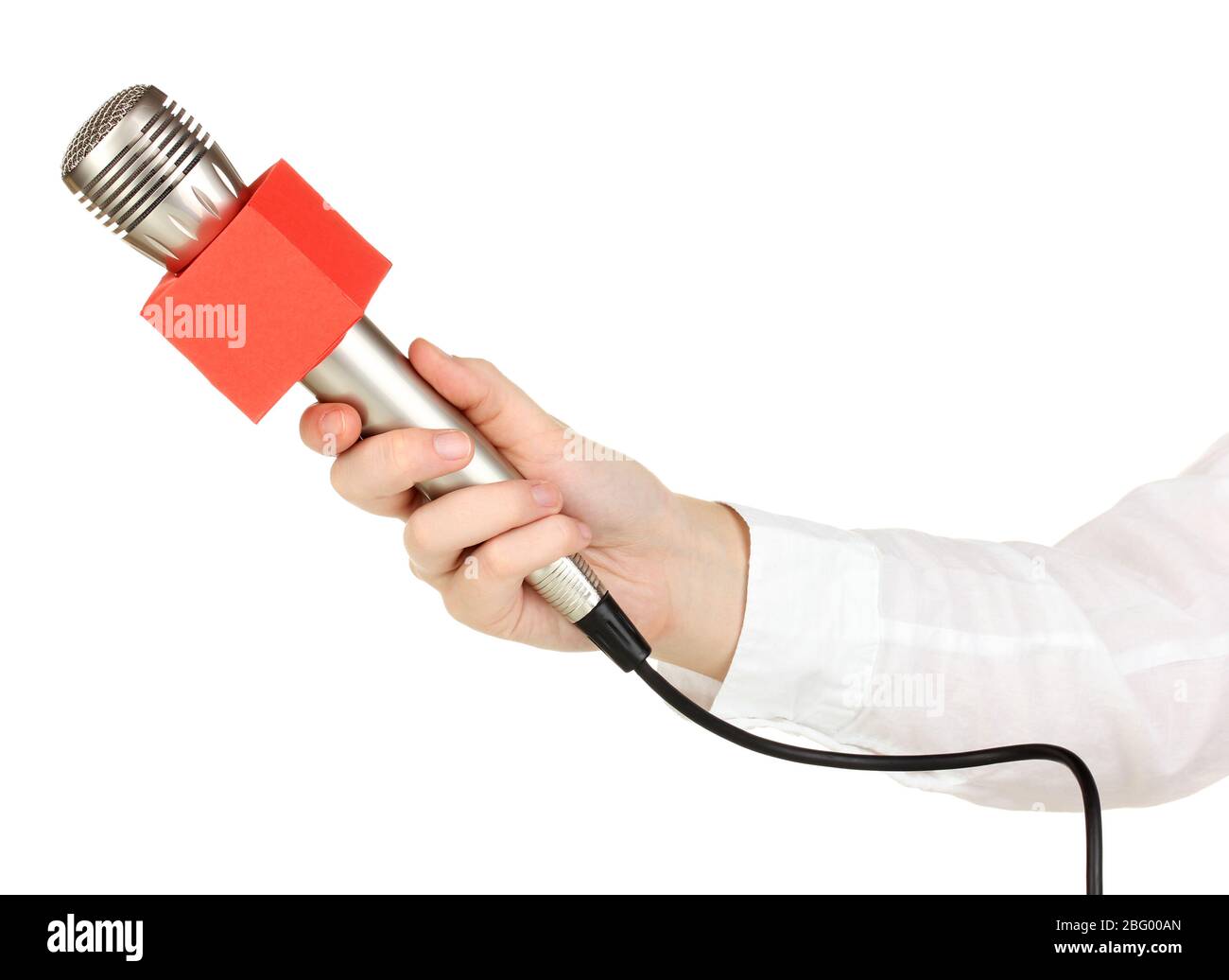 Female hand with microphone isolated on white Stock Photo - Alamy