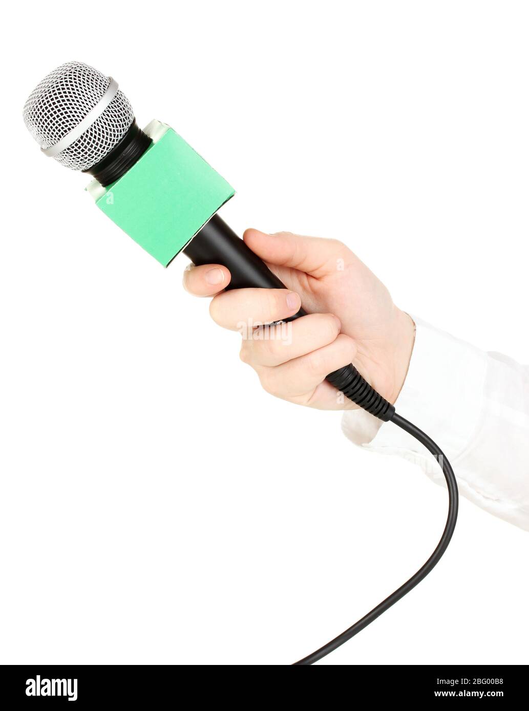 Female hand with microphone isolated on white Stock Photo - Alamy
