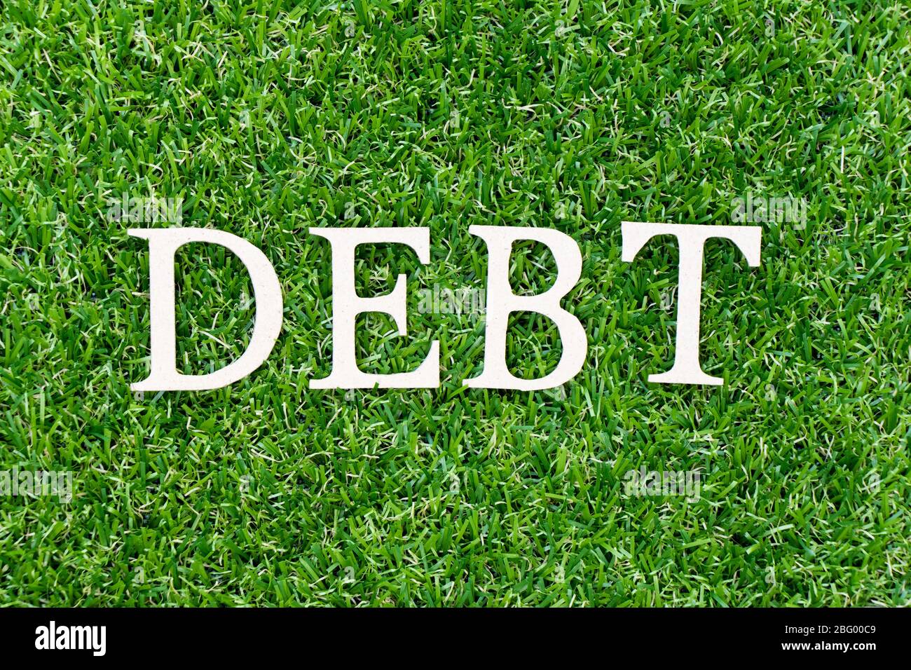 Wood letter in word debt on green grass background Stock Photo - Alamy