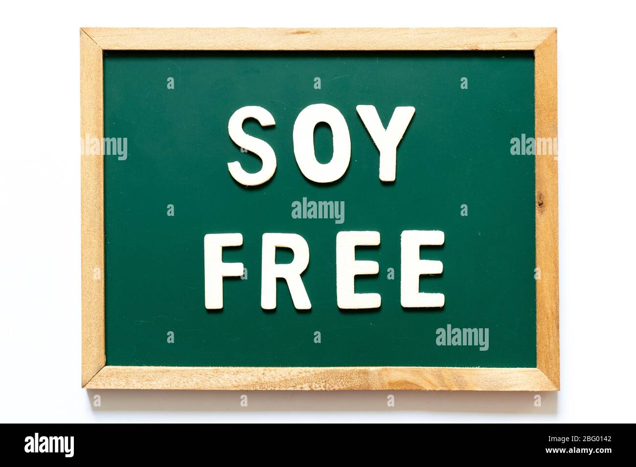 Green blackboard and wood frame with word soy free on white background ...