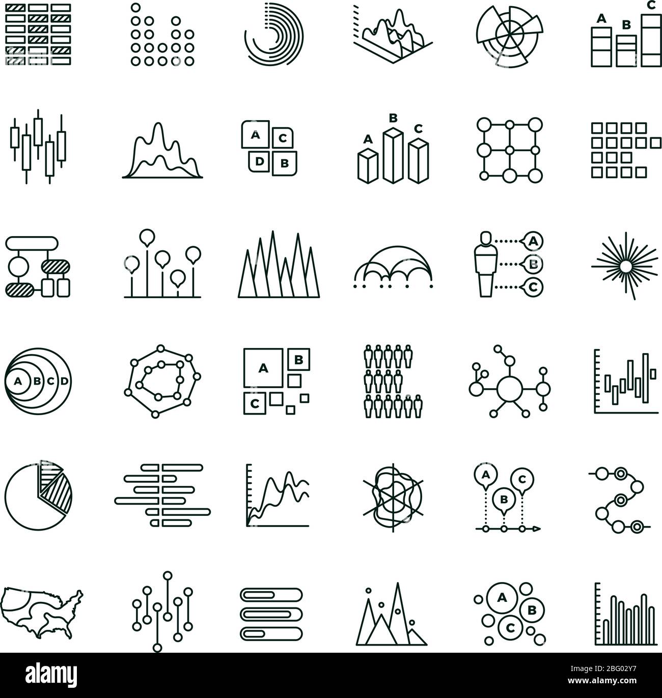 Statistics business graphs and charts outline vector icons. Financial ...