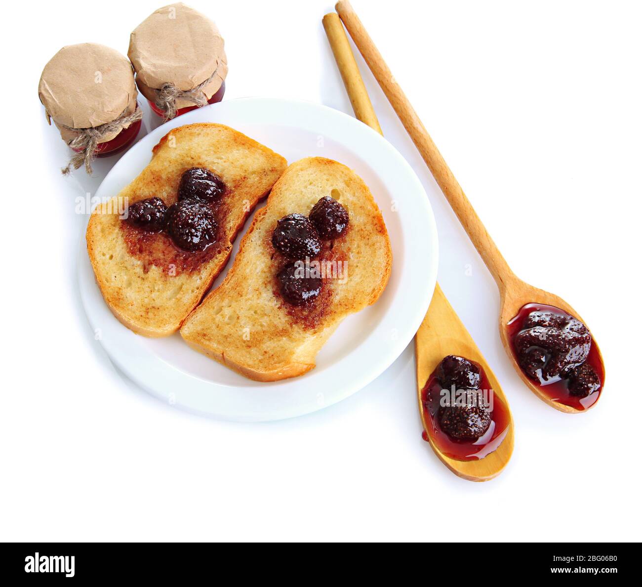 White bread toast with jam on plate, isolated on white Stock Photo - Alamy